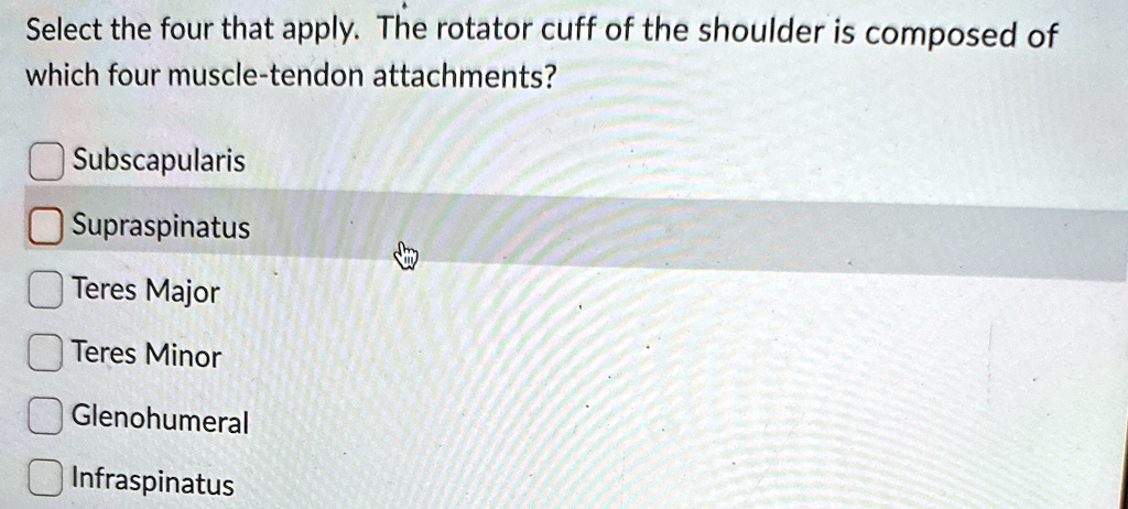 Select the four that apply. The rotator cuff of the shoulder is ...