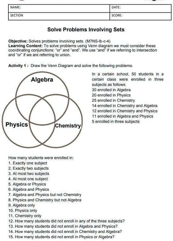 Solve Problems Involving Sets Objective: Solve problems involving sets ...