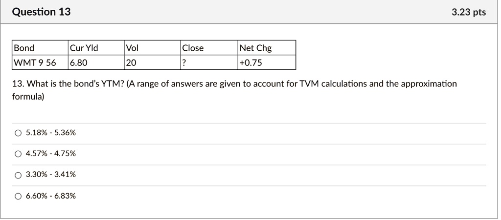 SOLVED: Question 13 3.23 pts Bond WMT 9 56 Cur Yld Vol 20 Close ? Net ...
