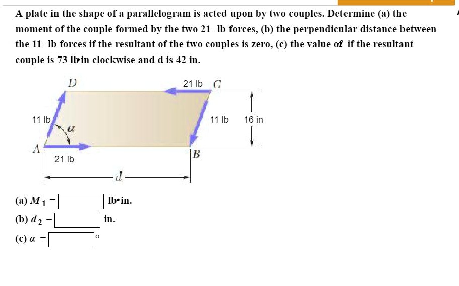 A plate in the shape of a parallelogram is acted upon by two couples ...