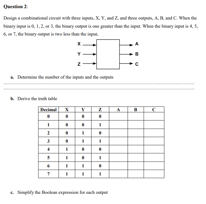 SOLVED: Question 2: Design a combinational circuit with three inputs, X, Y, and Z, and three ...