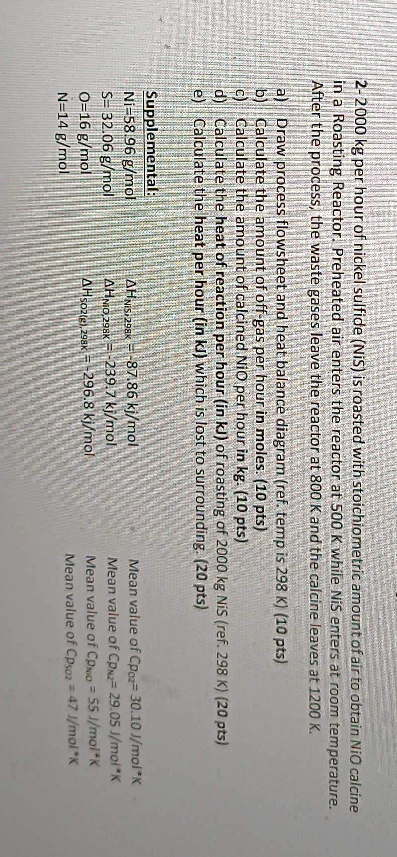 SOLVED: 2- 2000 kg per hour of nickel sulfide (NiS) is roasted with ...