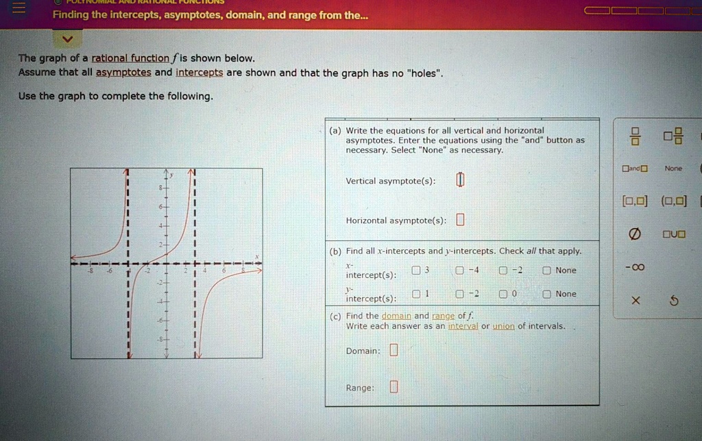 SOLVED: Finding the intercepts, asymptotes, domain, and range from the ... SOLVED: Finding the intercepts, asymptotes, domain, and range from the ...