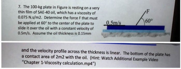 SOLVED: The 100-kg plate in Figure is resting on a very thin film of SAE-40 oil, which has a ...