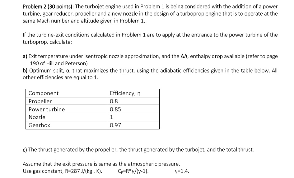 SOLVED: Problem 2 (30 points): The turbojet engine used in Problem 1 is being considered with ...