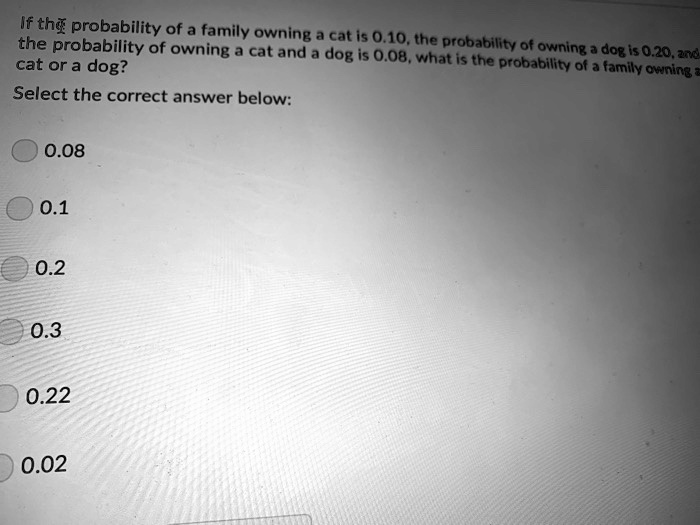 If the probability of a family owning a cat is 0.10, the probability of ...