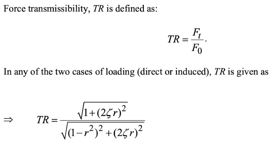 Force transmissibility, TR is defined as: TR = (Ft)/(F0). In any of the ...
