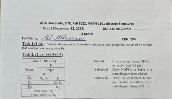 ADA University, SITE, Fall 2022, MATH 1101 Discrete Structures Quiz 5 ...