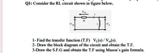 Q1: Consider the RL circuit shown in figure below. 1- Find the transfer function (T.F) V1(s) / V ...