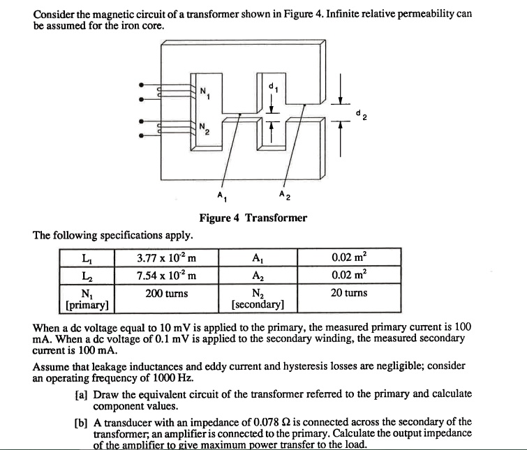 Consider the magnetic circuit of a transformer shown in Figure 4. Infinite relative permeability ...