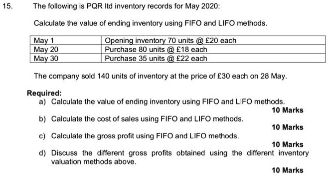 SOLVED: 15. The following is PQR Itd inventory records for May 2020: Calculate the value of ...