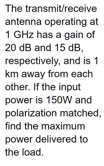 SOLVED: The transmit/receive antenna operating at 1 GHz has a gain of ...