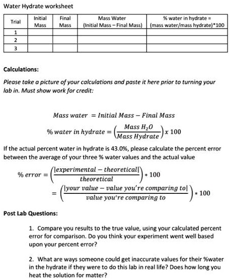 SOLVED: Water Hydrate worksheet Initia Muss Mass Waler caler hyarate ...