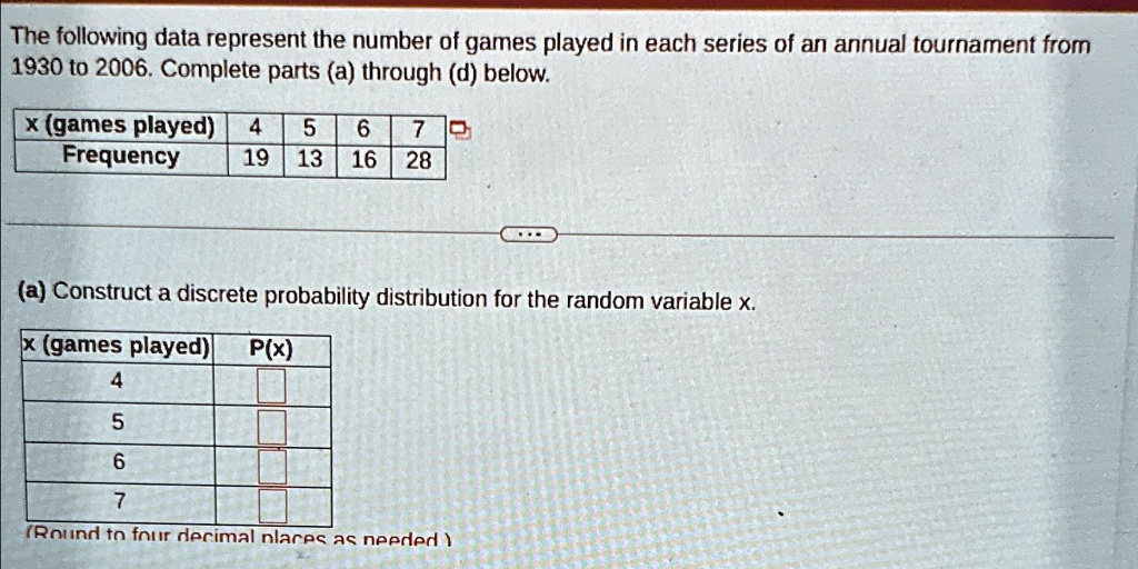 the following data represent the number of games played in each series of an annual tournament ...