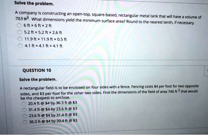 SOLVED: Solve the problem: Acompany is constructing an open-top, square-based, rectangular metal ...
