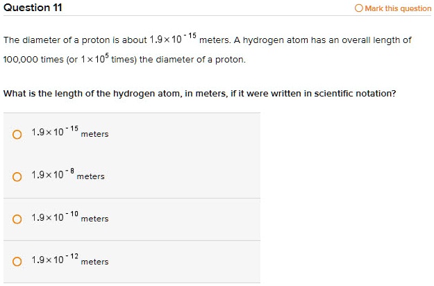 The diameter of a proton is about 1.9x10^(-15) meters. A hydrogen atom ...