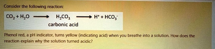 SOLVED: Consider the following reaction: CO2 + H2O -> H2CO3 (carbonic acid) H+ + HCO3- Phenol ...