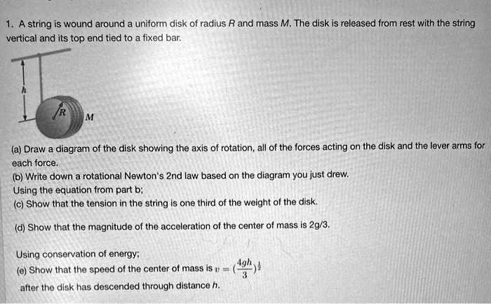 1a string wound around uniform disk of radius r and mass m the disk is released from rest with ...