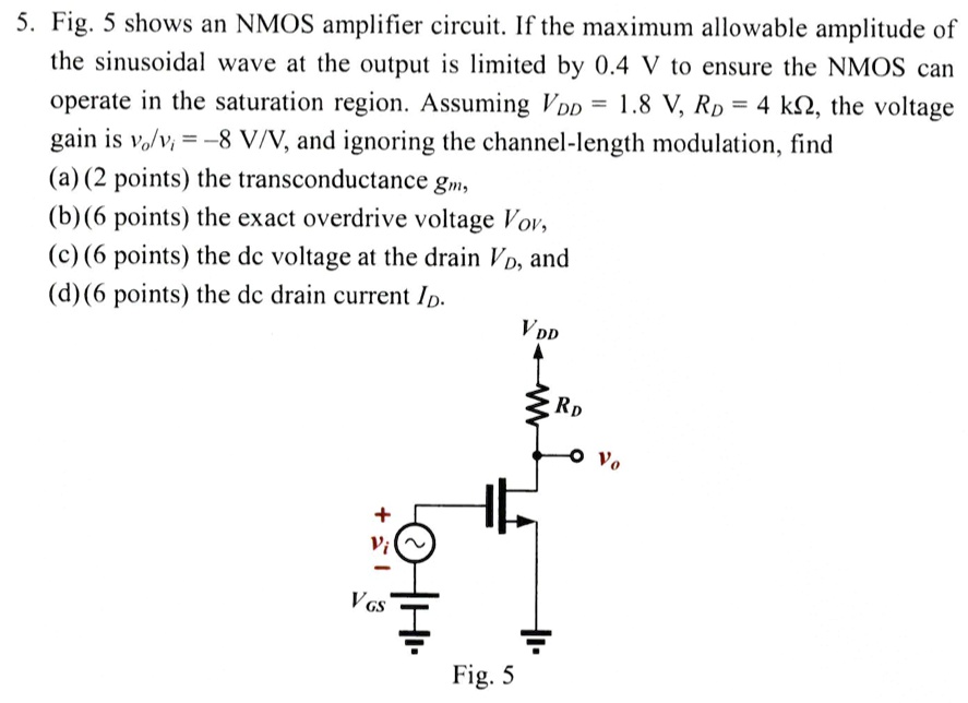 SOLVED: Fig. 5 shows an NMOS amplifier circuit. If the maximum ...