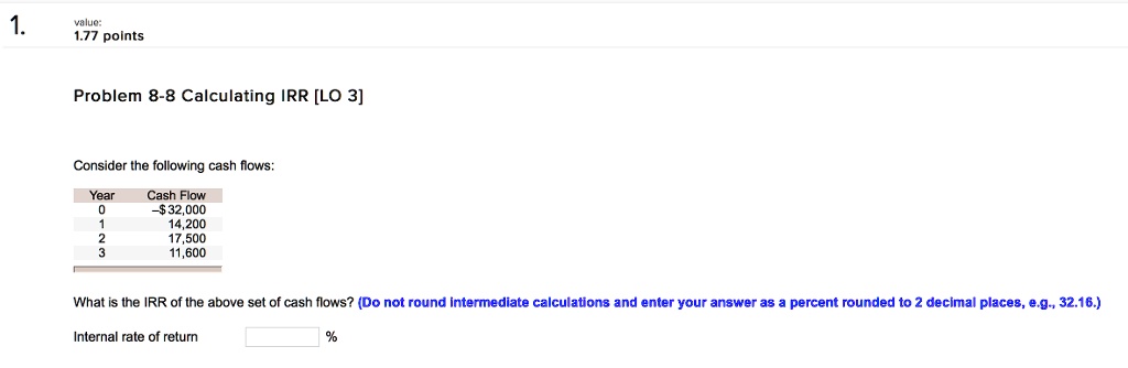 1. value: 1.77 points Problem 8-8 Calculating IRR [LO 3] Consider the following cash flows: Year ...