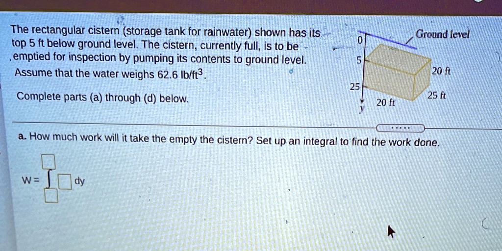 SOLVED: The rectangular cistern (storage tank for rainwater) shown has ...