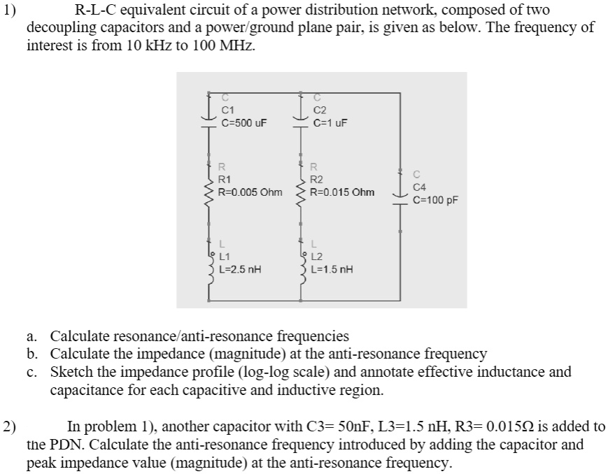 1) R-L-C equivalent circuit of a power distribution network, composed ...