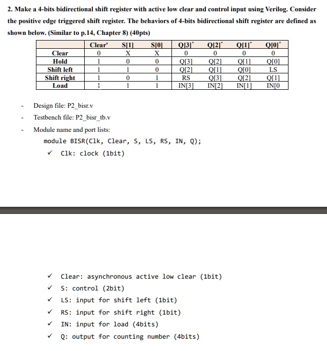 2. Make a 4-bits bidirectional shift register with active low clear and ...
