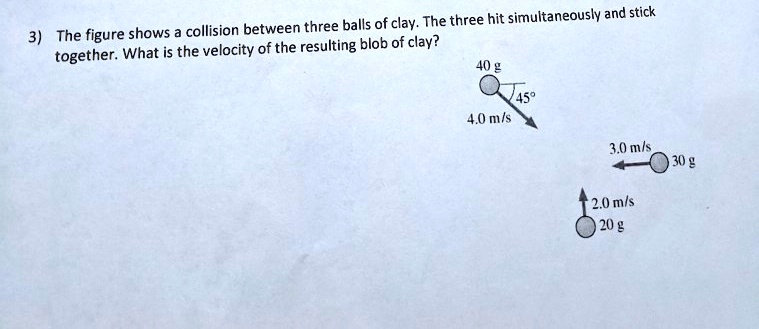 SOLVED: three balls of clay: The three hit simultaneously and stick The figure shows collision ...