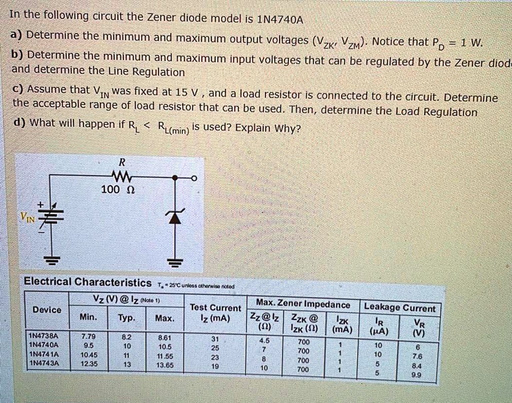 In the following circuit, the Zener diode model is 1N4740A. a ...