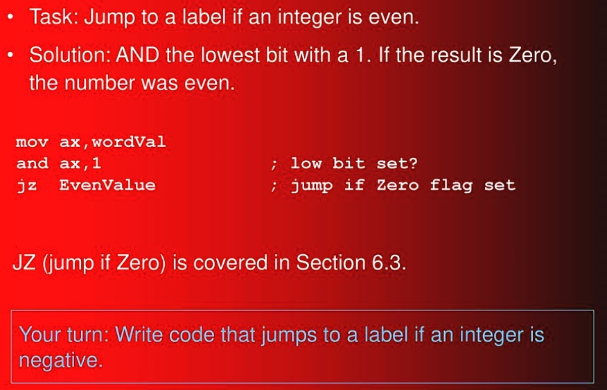 In assembly language using general-purpose registers, provide code that jumps to a label if the ...