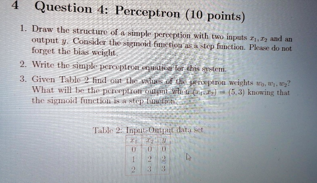question 4perceptron 10 points 1draw the structure of a simple perception with two inputs and an ...