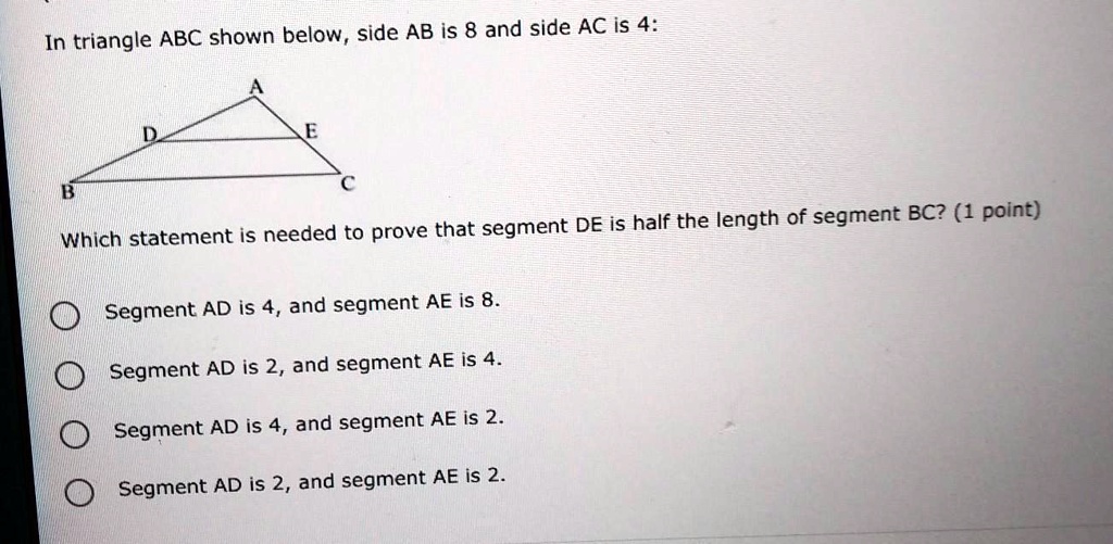 SOLVED: 'in a triangle ABC shown below, side AB is 8 and side AC is 4 ... SOLVED: 'in a triangle ABC shown below, side AB is 8 and side AC is 4 ...