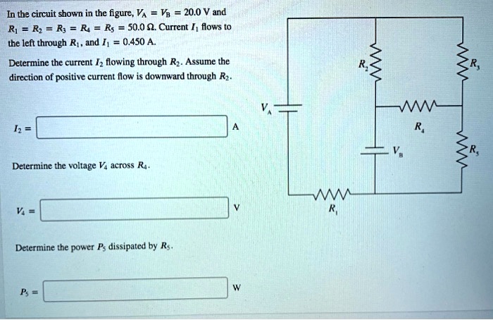 SOLVED: In the circuit shown in the figure, VA = Va = 20.0 V and Rj = Rz = R = 50.0 Î©. Current ...