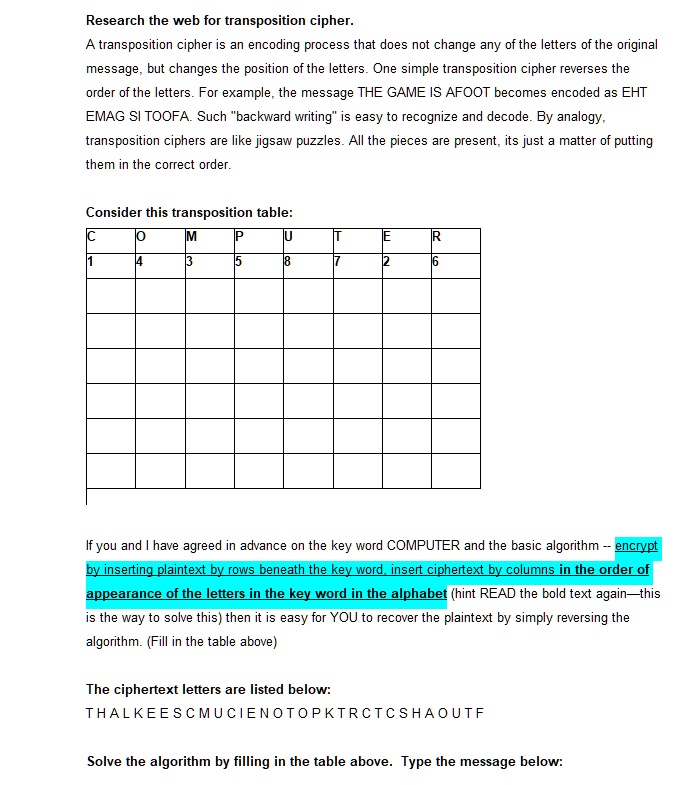 Solved Research The Web For Transposition Cipher A Transposition Cipher Is An Encoding Process
