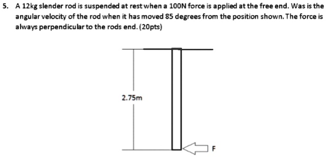 5. A 12kg slender rod is suspended at rest when a 100N force is applied ...