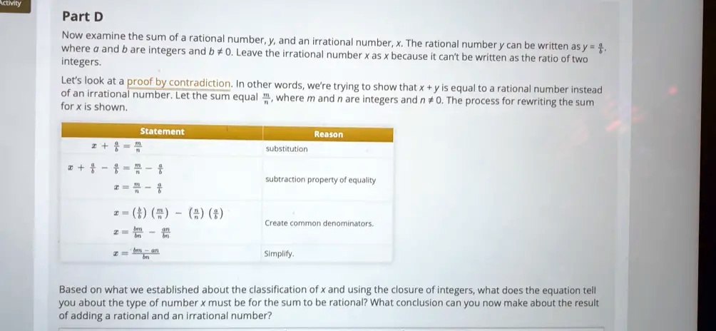 ctmvity part d now examine the sum of rational number y and an irrational number x the rational ...