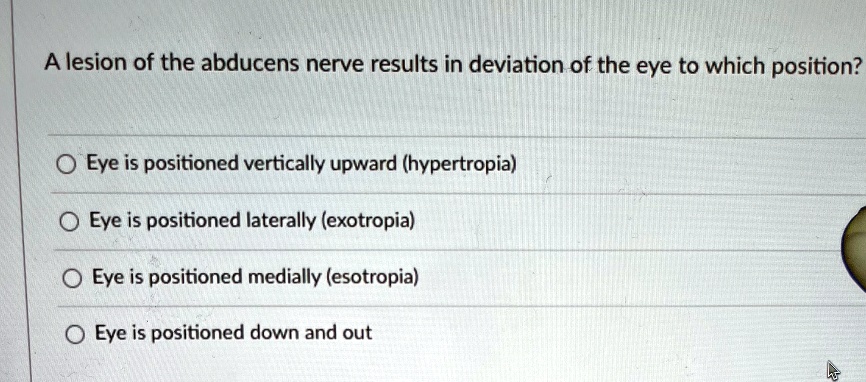 A lesion of the abducens nerve results in deviation of the eye to which ...