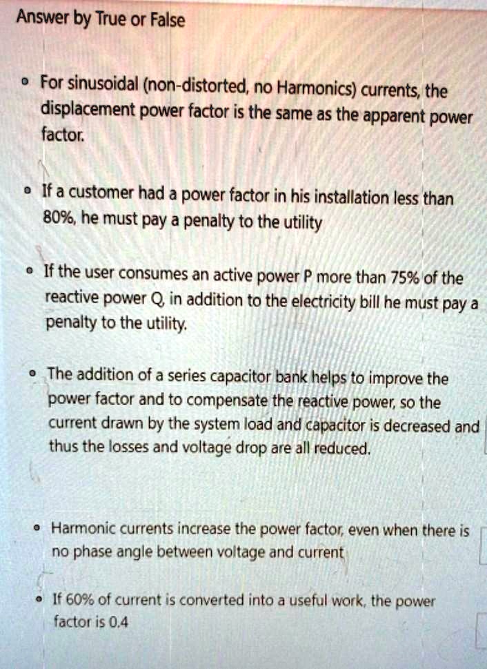 SOLVED: Texts: Answer by True or False o For sinusoidal (non-distorted, no Harmonics) currents ...