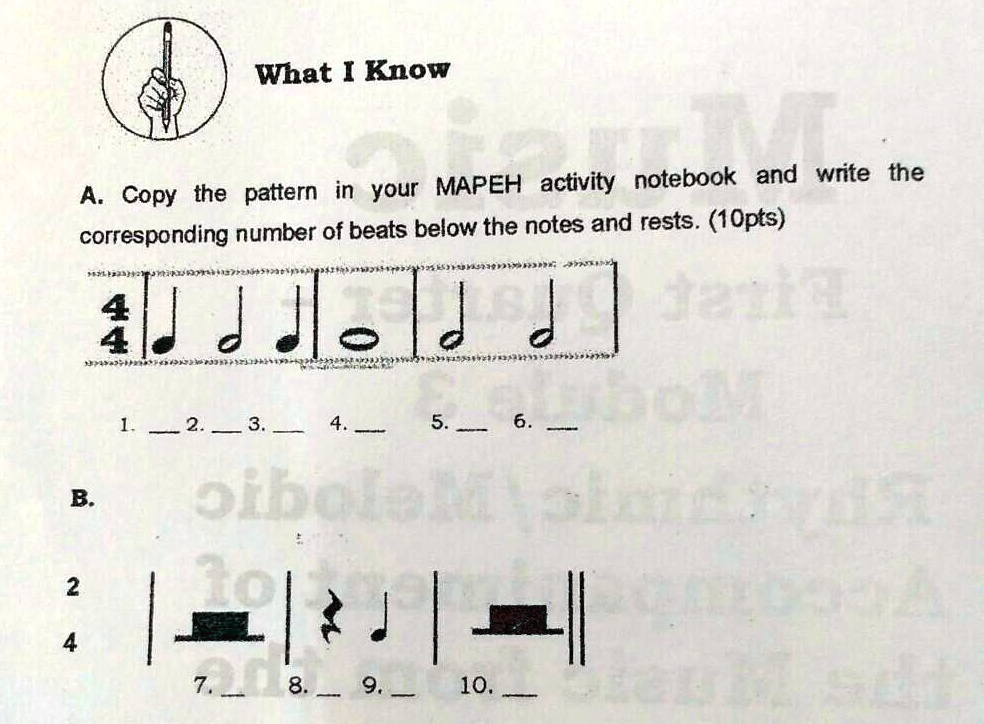 SOLVED: A. Copy the pattern in your MAPEH activity notebook and write ...