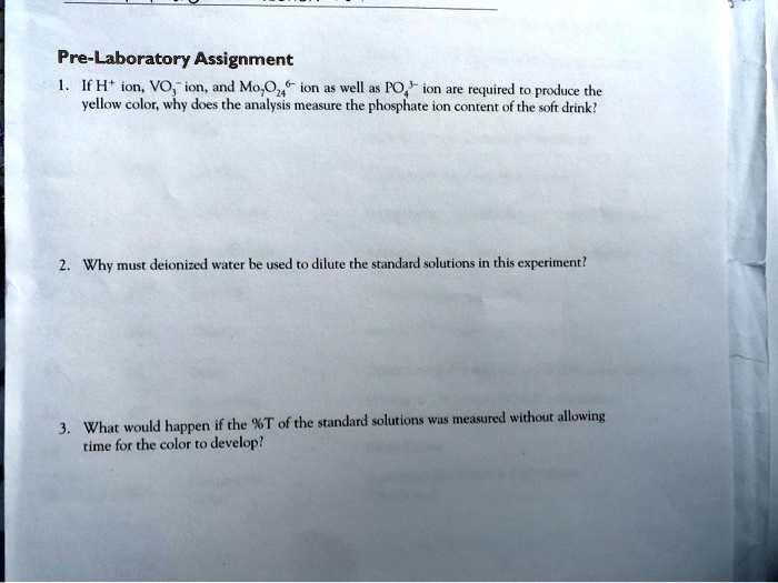 Pre-Laboratory Assignment: If H+ ions, VO2+ ions, MoO4 ions, as well as ...
