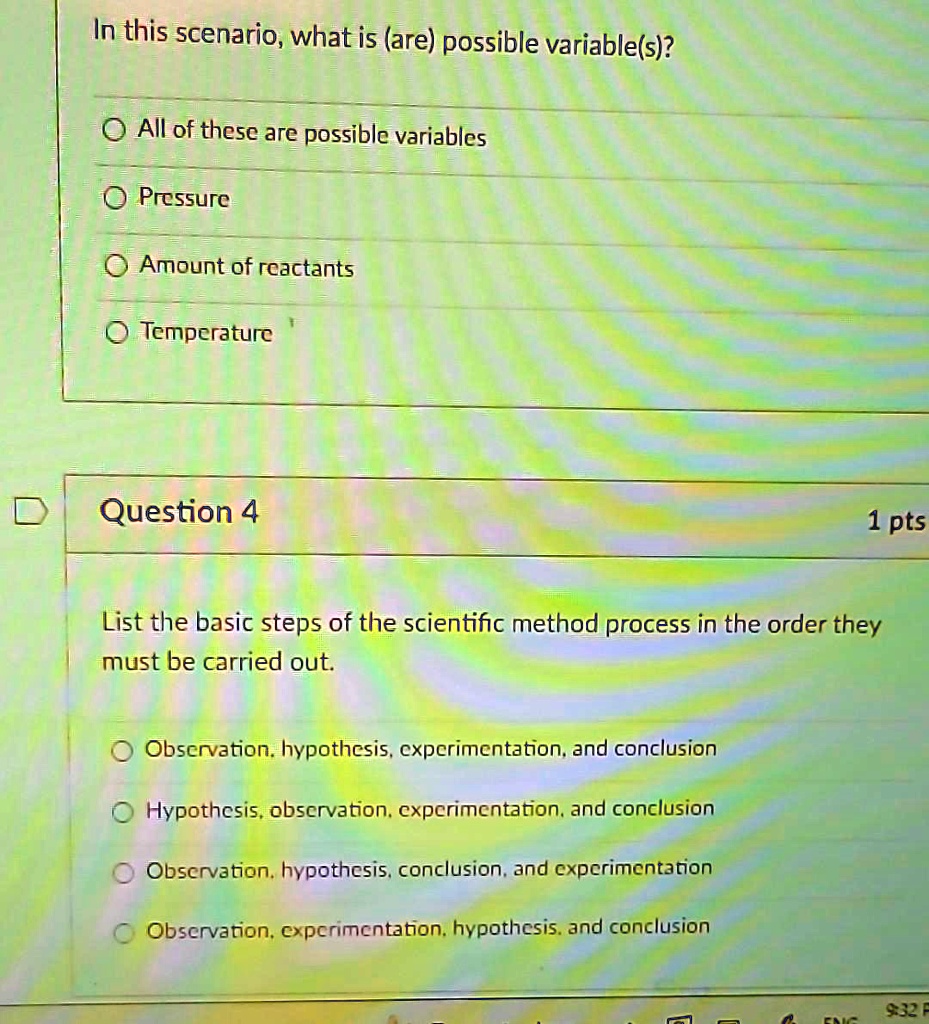 SOLVED: In this scenario, what is (are) possible variable(s)? - All of ...