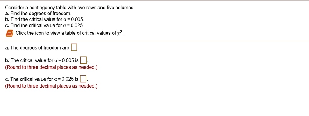 SOLVED: Consider a contingency table with two rows and five columns a. Find the degrees of ...