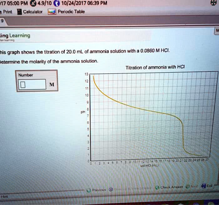 SOLVED: ' This graph shows the titration of 20.0mL of ammonia solution with a 0.0860 M HCL ...