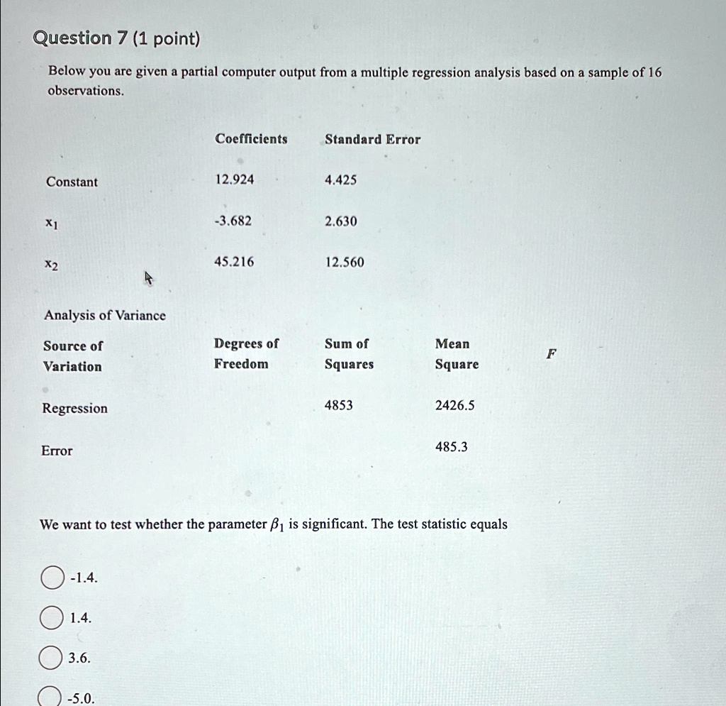 Solved Question 7 1 Point Below You Are Given A Partial Computer Output From A Multiple