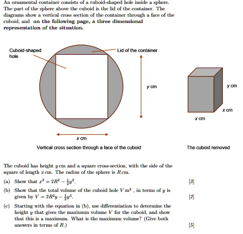 An ornamental container consists of a cuboid-shaped hole inside a sphere. The part of the sphere ...