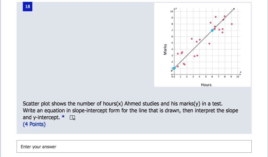 SOLVED: 18 Hours Scatter plot shows the number of hours(x) Ahmed studies and his marks(y) in a ...