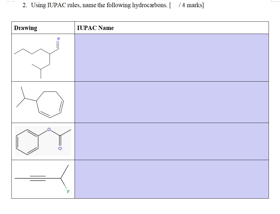 SOLVED: Using IUPAC rules, name the following hydrocarbons: [ 4 marks] Drawing IUPAC Name