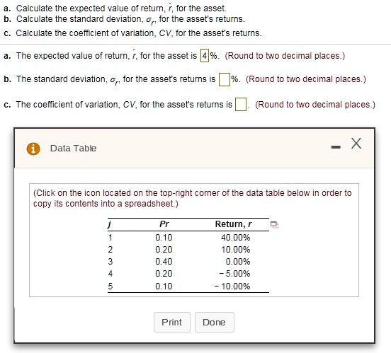 SOLVED: Expected return, standard deviation, and coefficient of ... SOLVED: Expected return, standard deviation, and coefficient of ...
