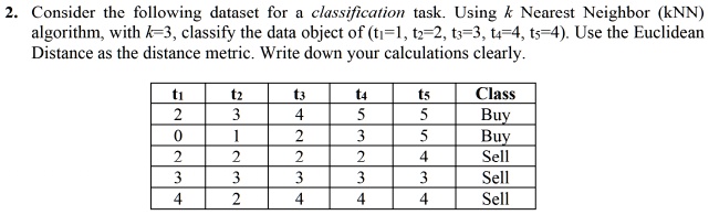 [GET ANSWER] consider the following dataset for classification task using k nearest neighbor knn ...