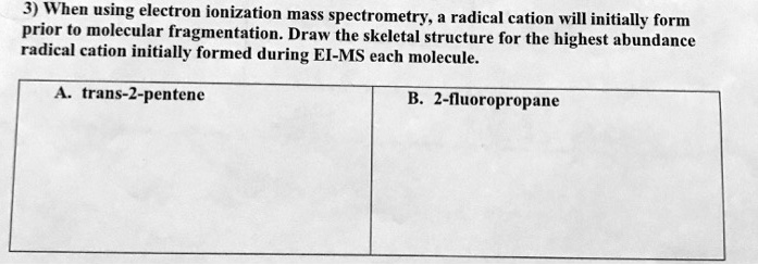 SOLVED: When using electron ionization mass spectrometry, a radical cation will initially form ...